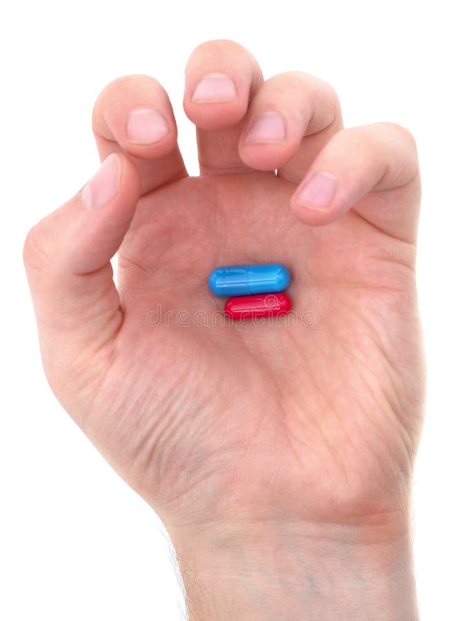 Hand with Red and Blue Capsule Stock Image - Image of concept, finger ...