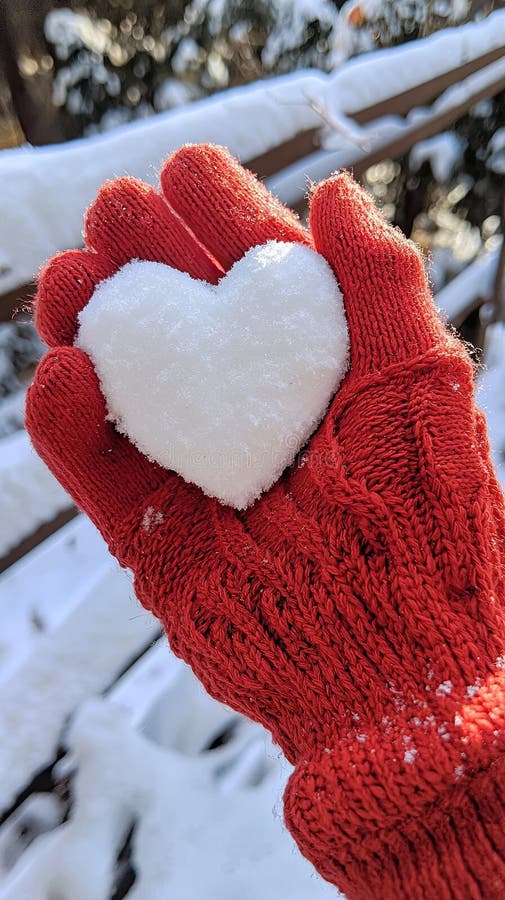 Hand with Red Knitted Gloves, White Heart-shaped Snow in Hand, Snow ...