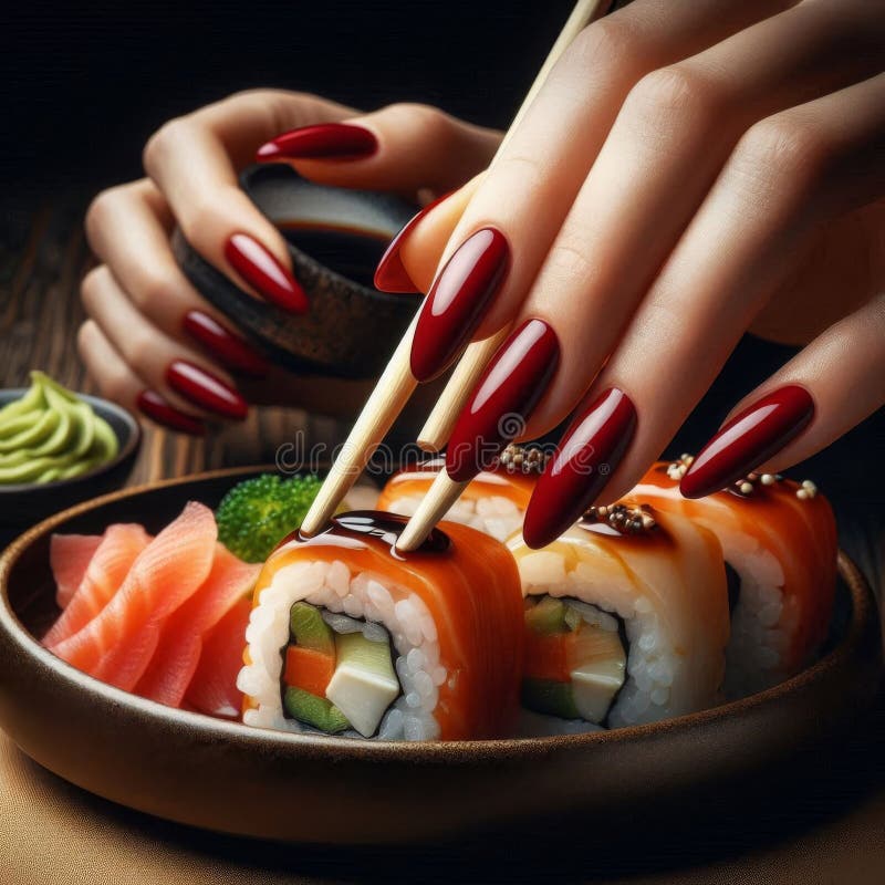 Hand with Red Nails Dipping Sushi Roll in Soy Sauce Using Chopsticks ...