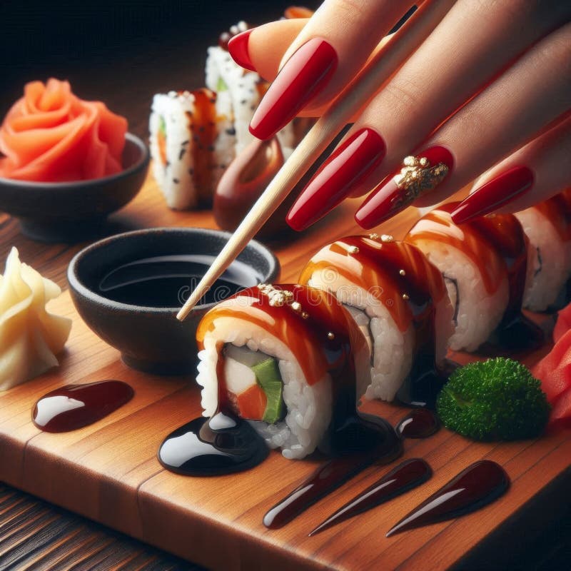 Hand with Red Nails Dipping Sushi Roll in Soy Sauce Using Chopsticks ...