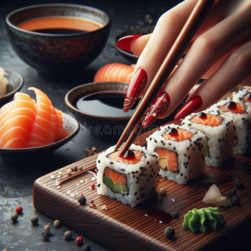 Hand with Red Nails Dipping Sushi Roll in Soy Sauce Using Chopsticks ...