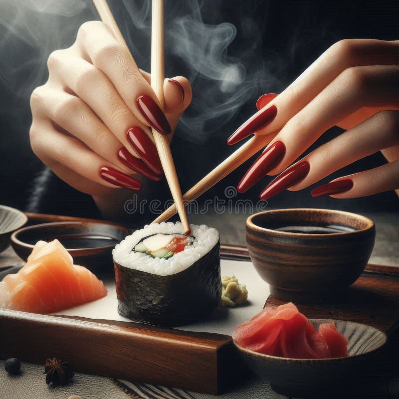 Hand with Red Nails Dipping Sushi Roll in Soy Sauce Using Chopsticks ...