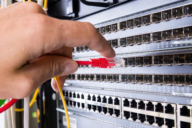 Hand with red patch cable stock image. Image of communication - 204787315