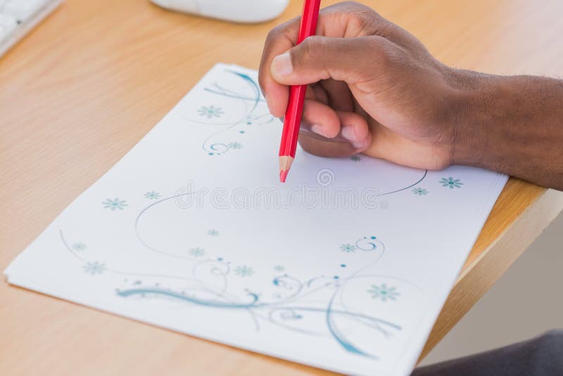 Hand with a Red Pencil Drawing Something Stock Image - Image of sketch ...