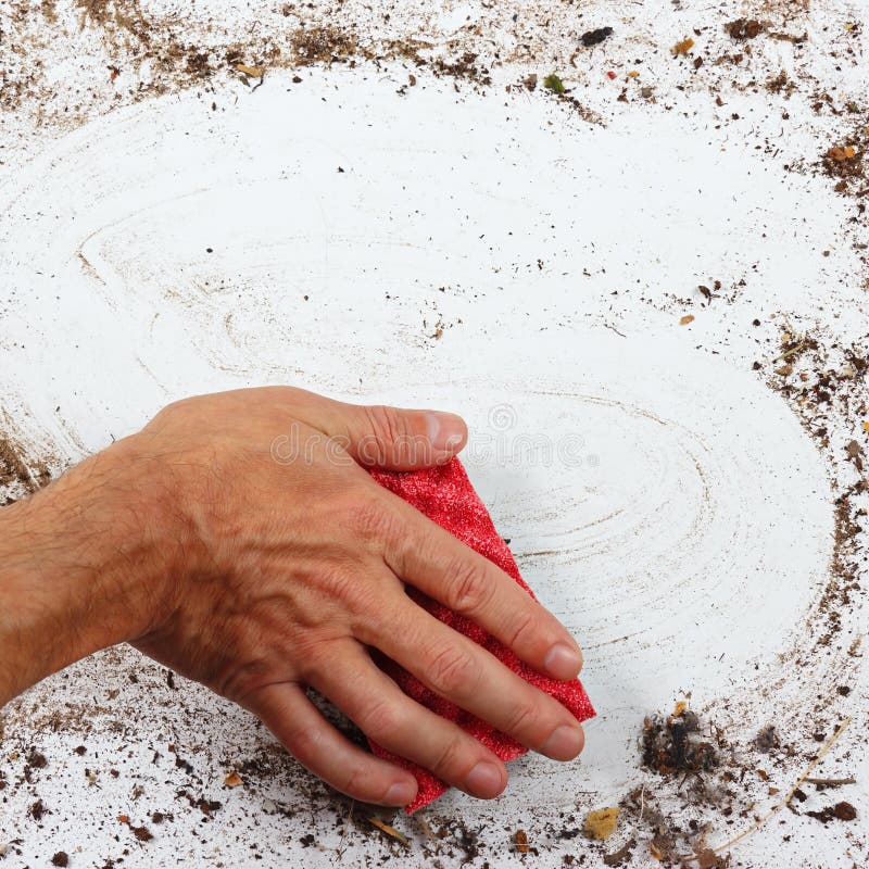 Hand with Red Sponge Wiping Heavily Dirty Surface Stock Image - Image ...