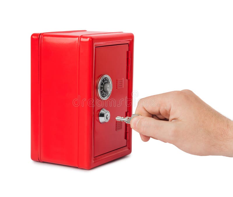 Hand and red toy safe stock image. Image of open, knob - 127612959