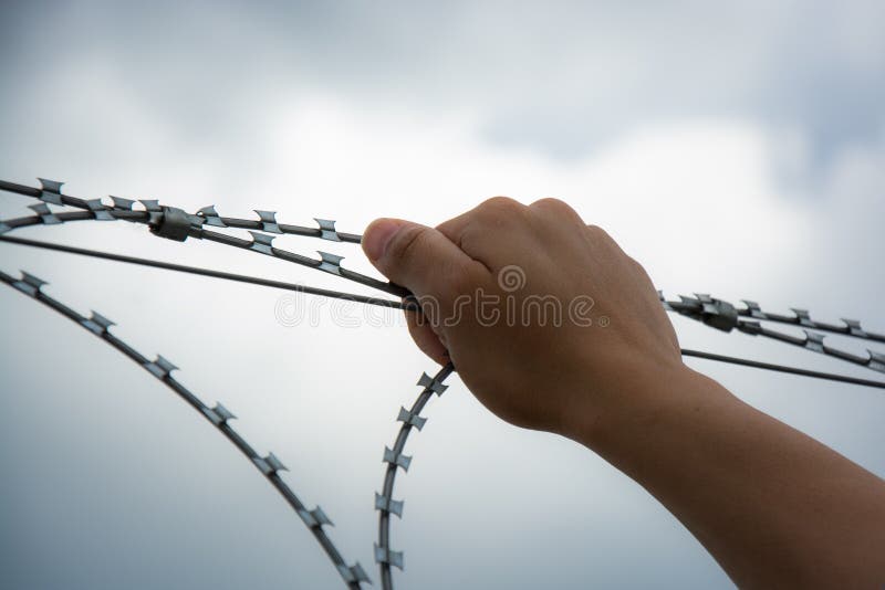 Hand of a Refugee Behind Barbed Wire Stock Image - Image of border ...