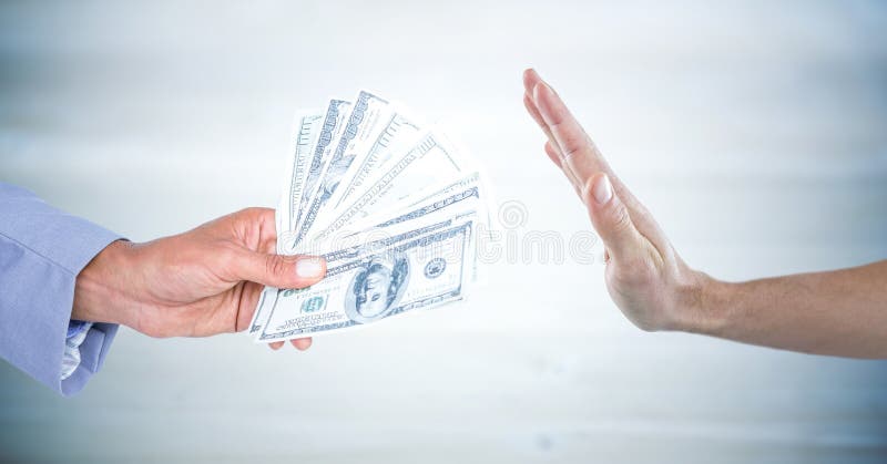 Hand Refusing Money Against Blurry Grey Wood Panel Stock Image - Image ...