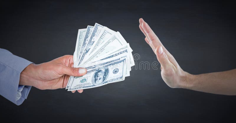 Hand Refusing Money Against Navy Chalkboard Stock Image - Image of body ...