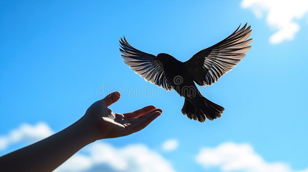 Hand Releasing Bird in a Bright Blue Sky Stock Illustration ...