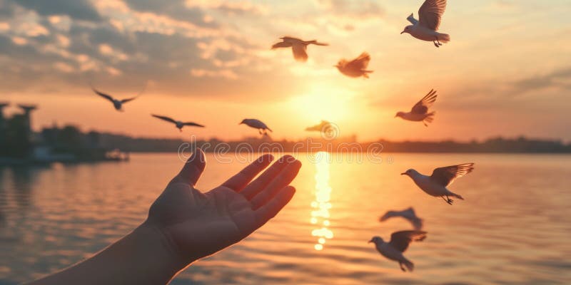 Hand Releasing Birds at Sunset Stock Photo - Image of atmosphere ...