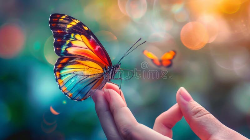 A Hand Releasing a Brightly Colored Butterfly, Butterfly Resting on a ...