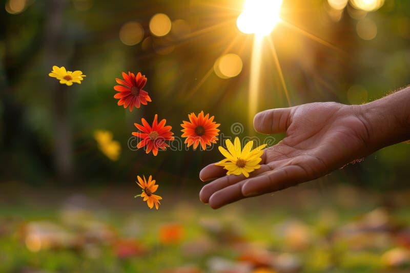 Hand Releasing Colorful Flowers in Sunset Light Stock Image - Image of ...