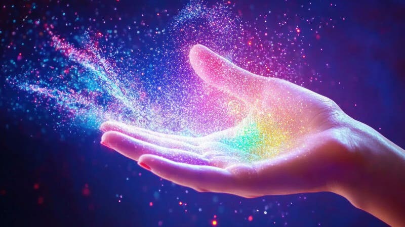 Hand Releasing Colorful Magic Dust in the Dark Stock Illustration ...