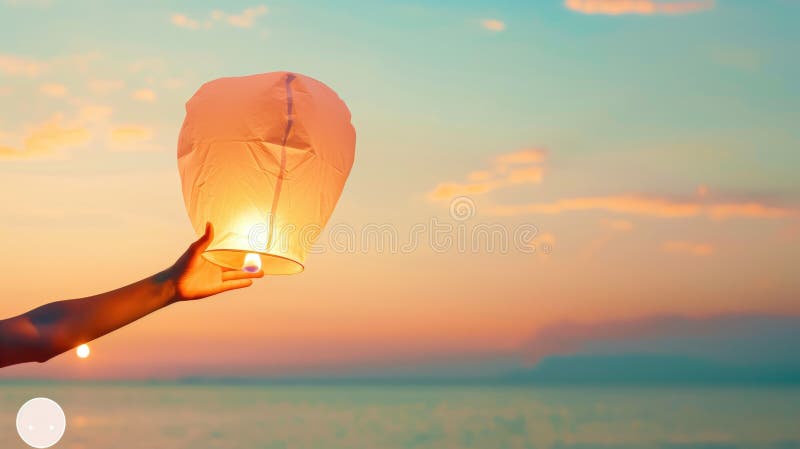 Hand Releasing Illuminated Paper Lantern at Sunset Over the Ocean ...