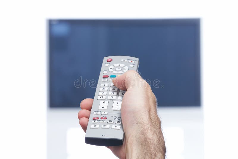 Hand with Remote Control and Flat Tv Stock Photo - Image of pursuit ...