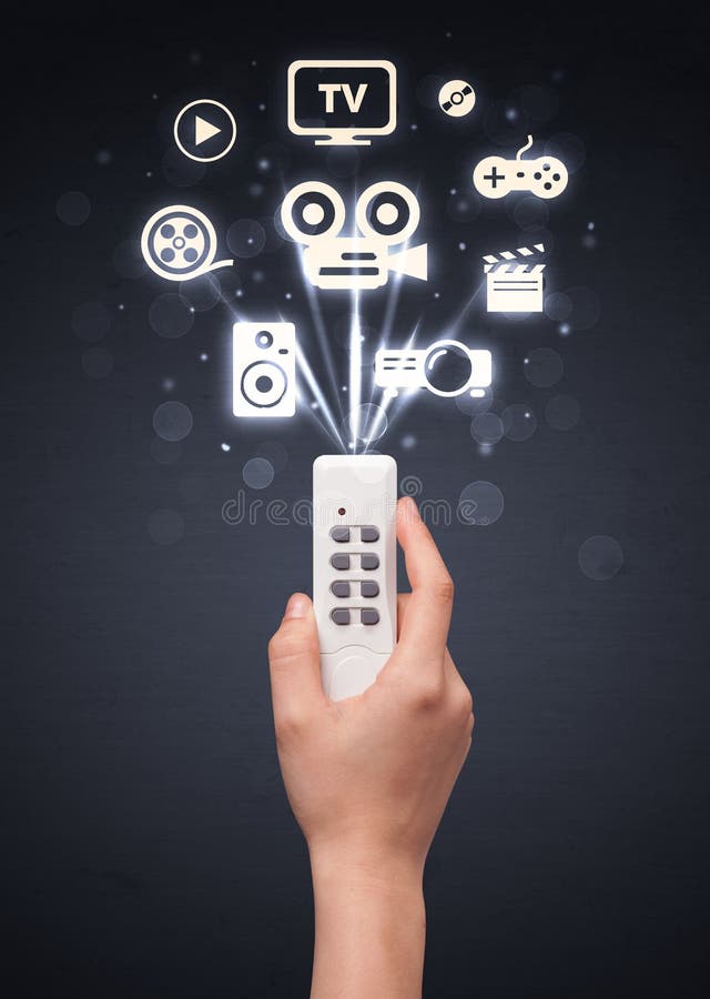 Hand with Remote Control and Social Media Icons Stock Photo - Image of ...