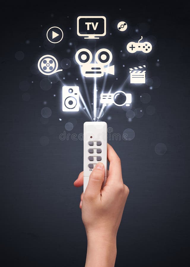 Hand with Remote Control and Media Icons Stock Photo - Image of device ...