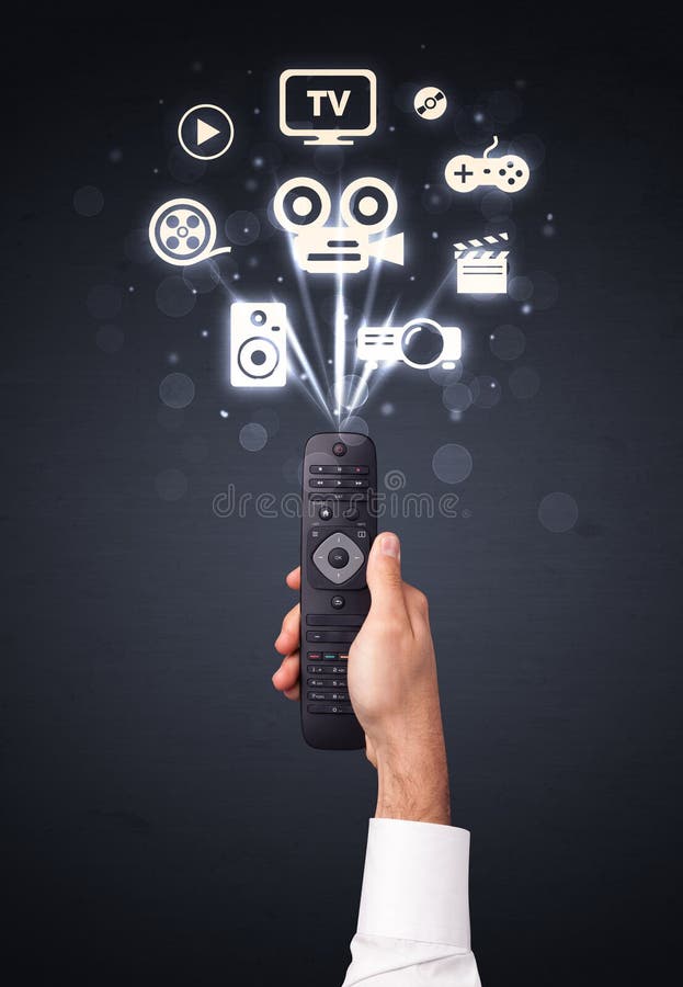 Hand with Remote Control and Social Media Icons Stock Image - Image of ...