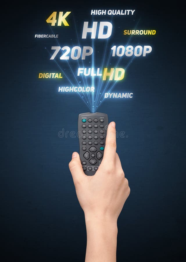 Hand with Remote Control and Multimedia Properties Stock Photo - Image ...