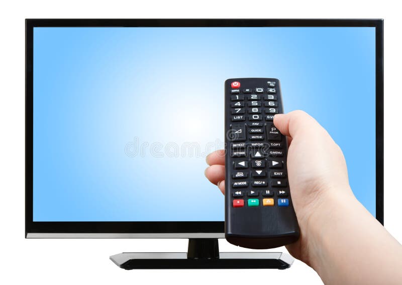 Hand with Remote Control Pointing at Modern TV Set Stock Photo - Image ...