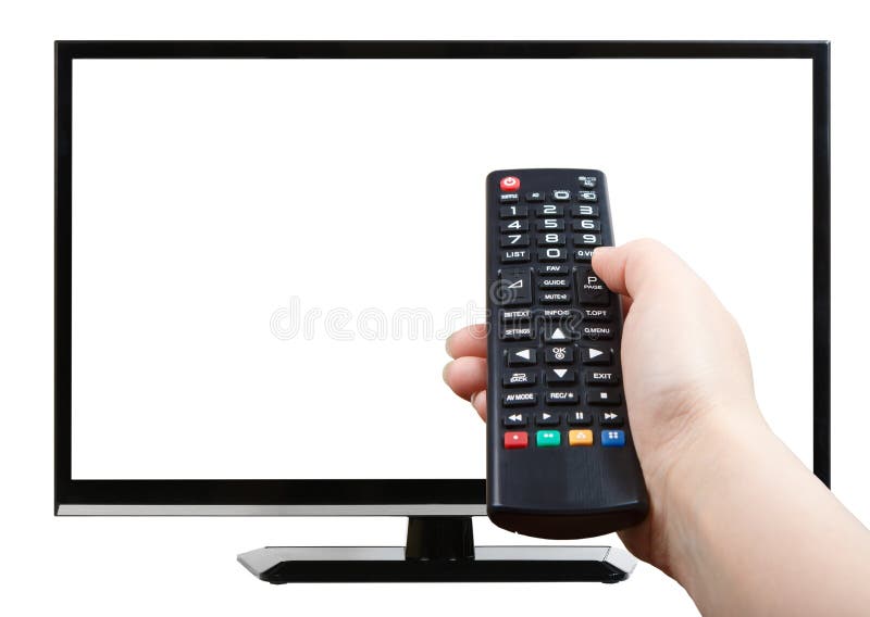 Hand with Remote Control Pointing at Modern TV Set Stock Image - Image ...