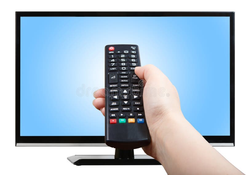 Hand with Remote Control Pointing at Modern TV Set Stock Photo - Image ...