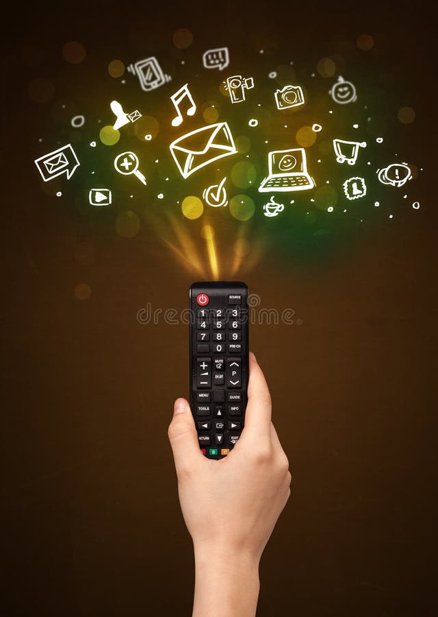 Hand with Remote Control and Social Media Icons Stock Image - Image of ...