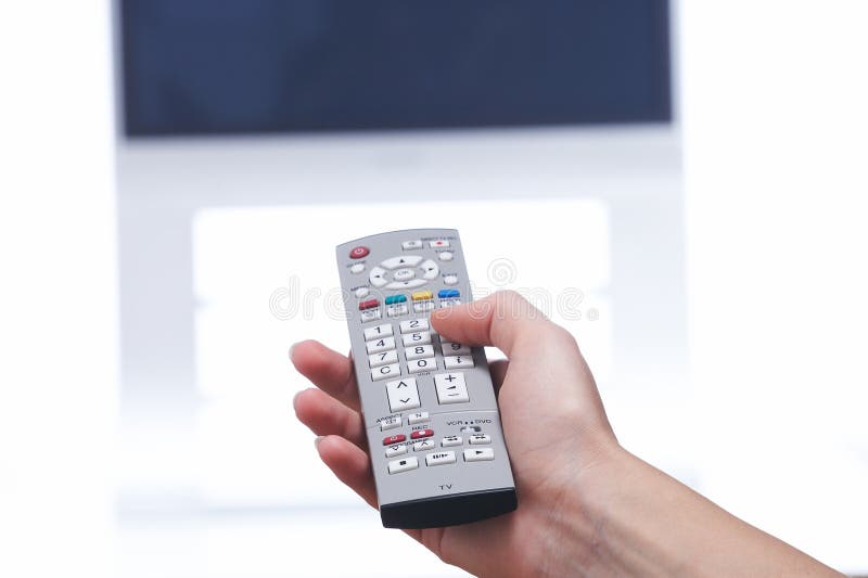 Hand with Remote Control and Tv Set Stock Photo - Image of flat ...