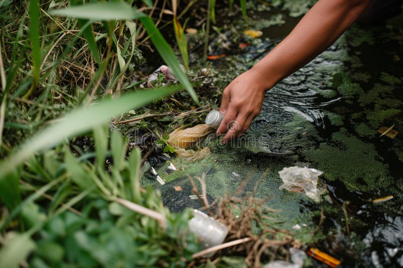Hand Removing Trash from a Stream Choked with Algae Stock Image - Image ...