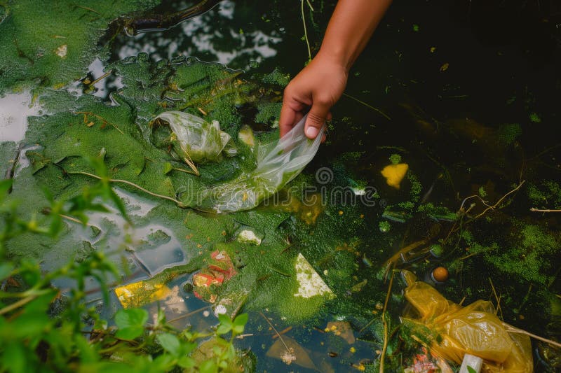 Hand Removing Trash from a Stream Choked with Algae Stock Image - Image ...