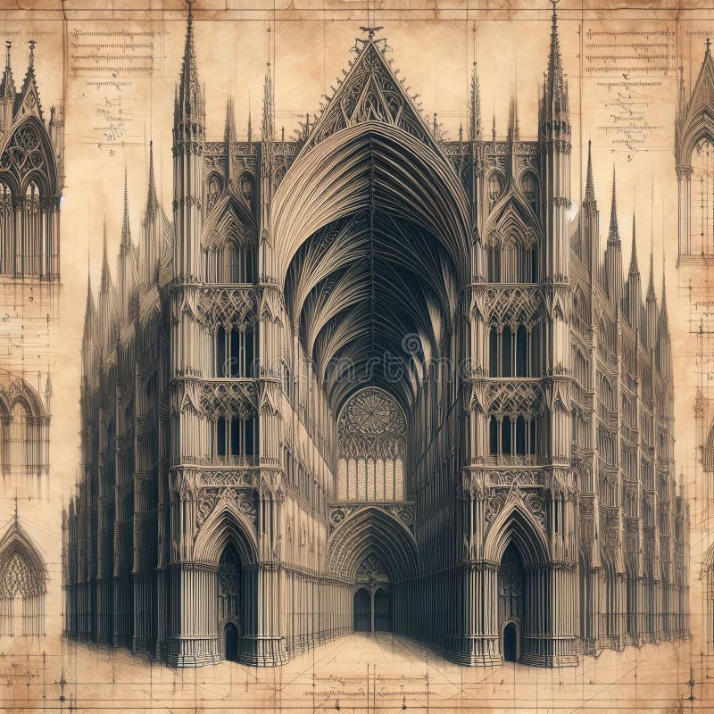 Hand-Rendered Gothic Architecture on Aged Paper Stock Illustration ...