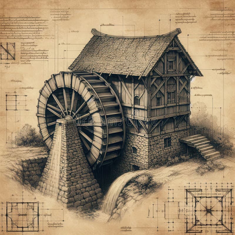 Hand-Rendered Illustration of Traditional Watermill Stock Illustration ...