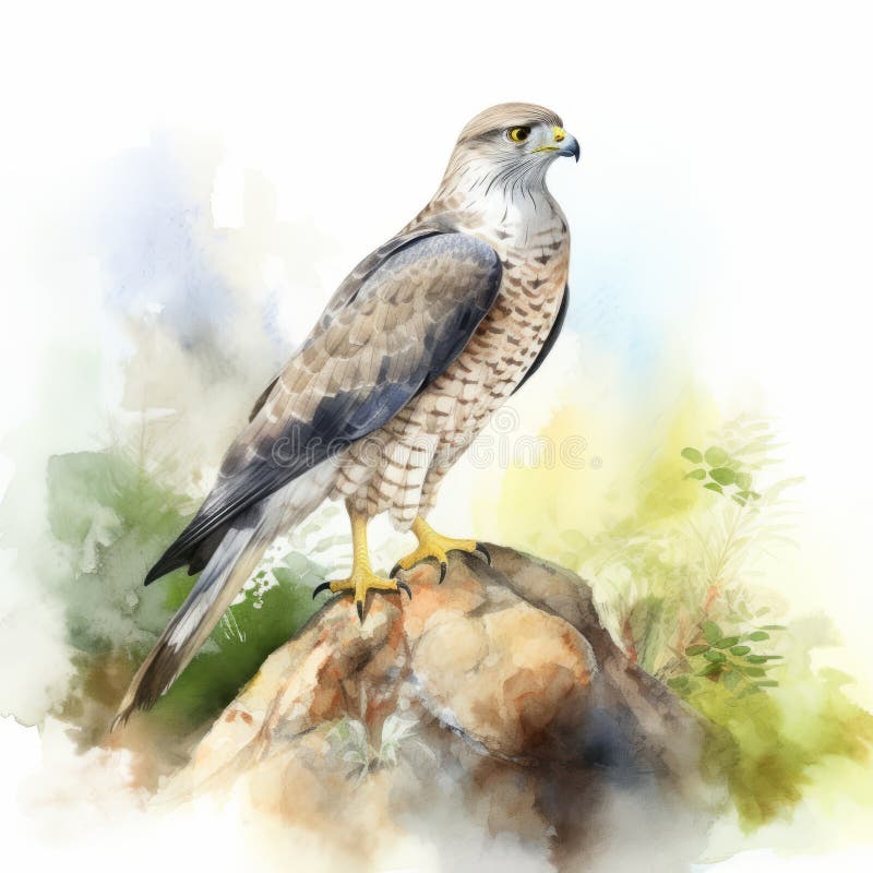 Soft Watercolor Illustration of Hawk Perched on Rock Stock Illustration ...