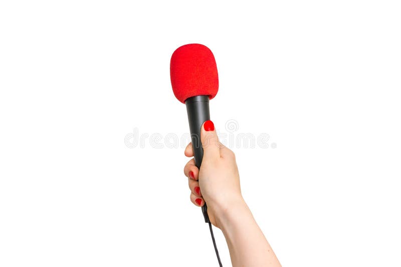 Hand of Reporter with Red Microphone Isolated on White Stock Photo ...