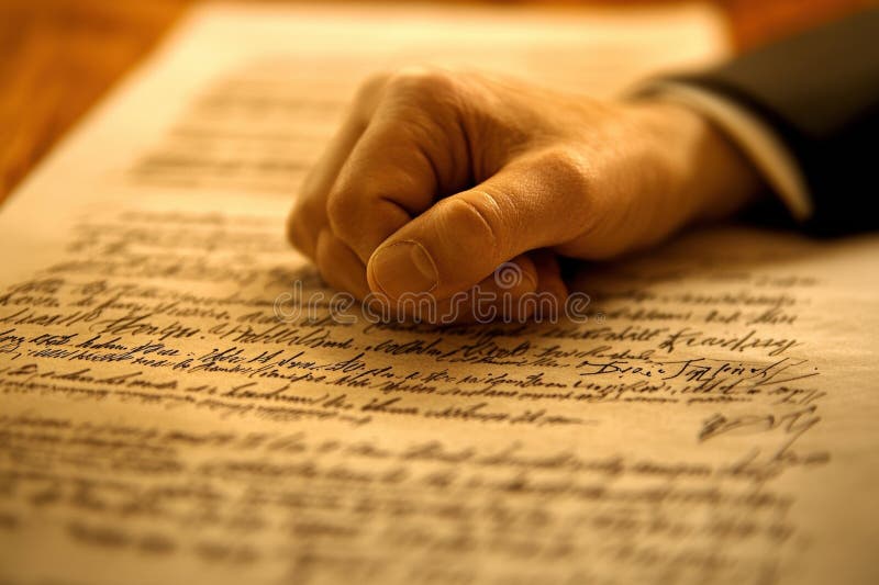 Hand Resting on a Document Filled with Dense Handwritten Text and ...