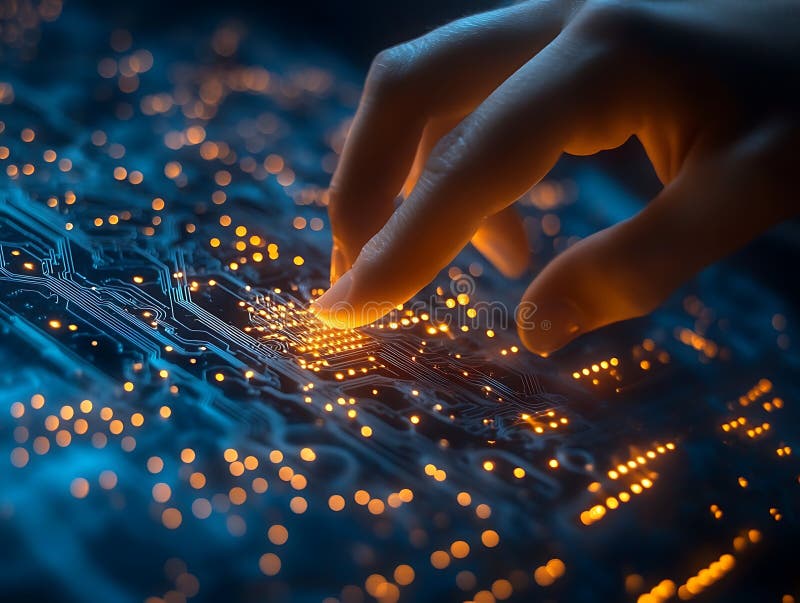 Hand Resting on a Glowing Computer Chip Circuit Board Stock ...