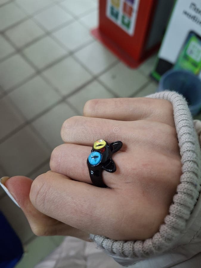 Hand Ring Black Cat Kitten Eyes Yellow and Blue Nails Wow Stock Photo ...