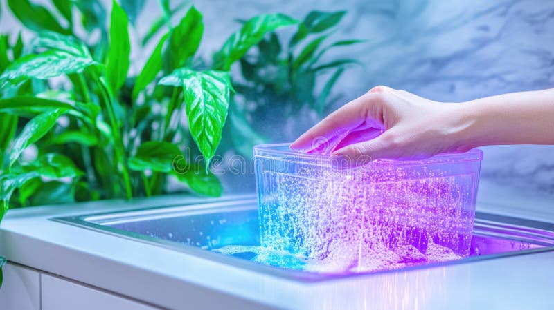 Hand Rinsing Creative Neon Container in Modern Kitchen with Vibrant ...