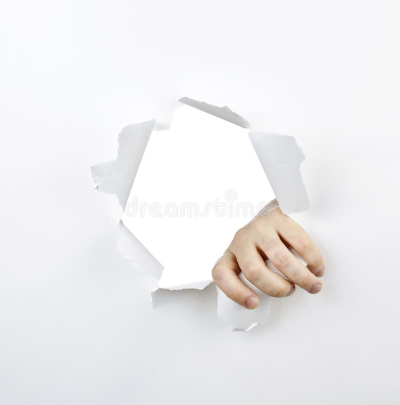 Hand Ripping through Hole in Paper Stock Photo - Image of opening ...