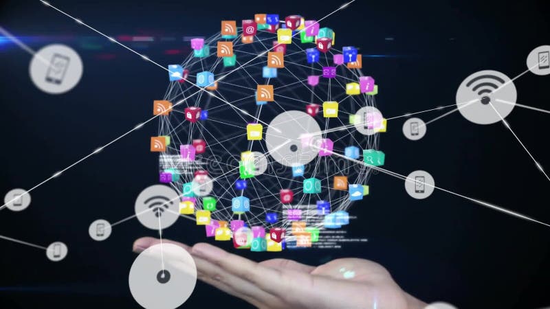 Hand Rising Causing Floating Icon Cubes and Nodes Clustering into ...
