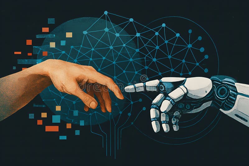 Artistic Human and Robot Hand Touching Digital Network Concept Illustration, Generate AI Stock ...