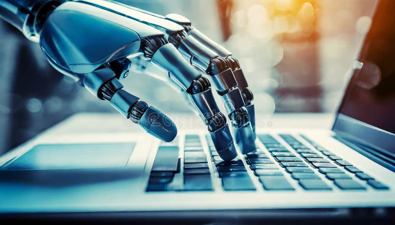 Hand of a Robot Cyborg Using a Laptop Computer - Generative Ai Stock ...
