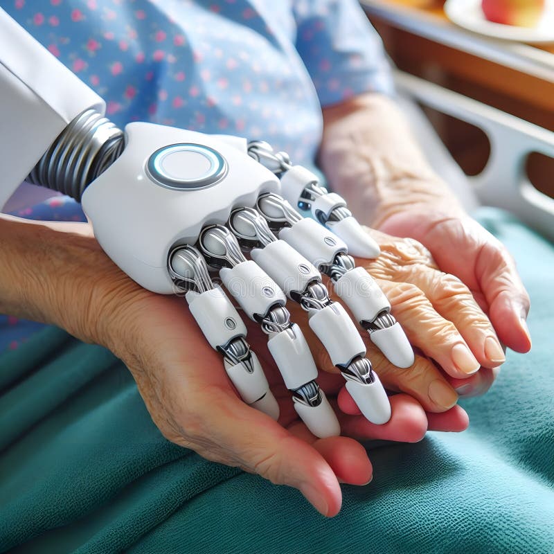 Hand of Robot on Hand of Elderly Woman Stock Photo - Image of cyber ...