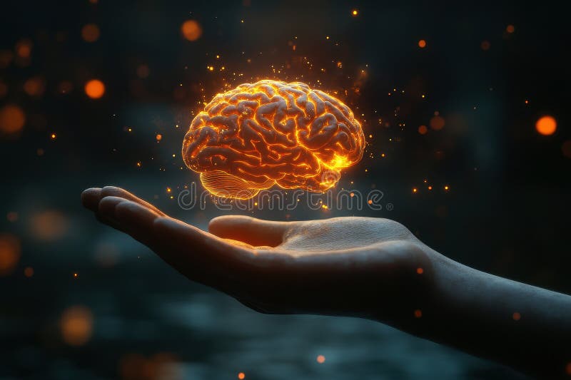 A Hand Robot Holds a Digital Holographic Brain, Representing the ...