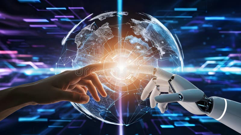 Hand of Robot and Human Touching on Global Virtual Network Stock Photo ...