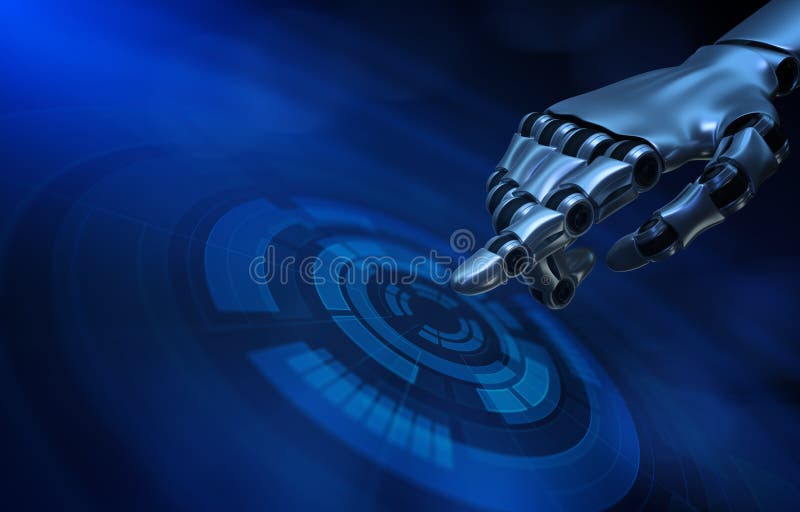 Hand of a Robot Pressing on a Digital Screen. 3D Rendered Illustration ...