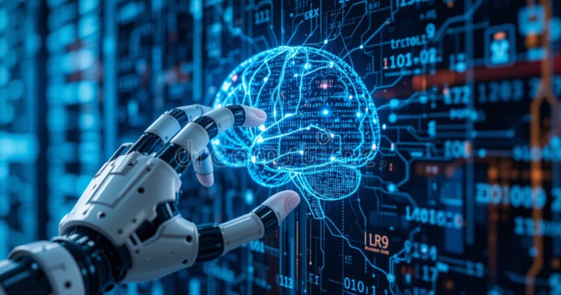 Hand of Robot Touching on Binary Data. Futuristic Artificial Intelligence Stock Illustration ...