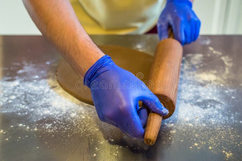 Hand Rolled Out Dough with Gloves Stock Photo - Image of ingredient ...
