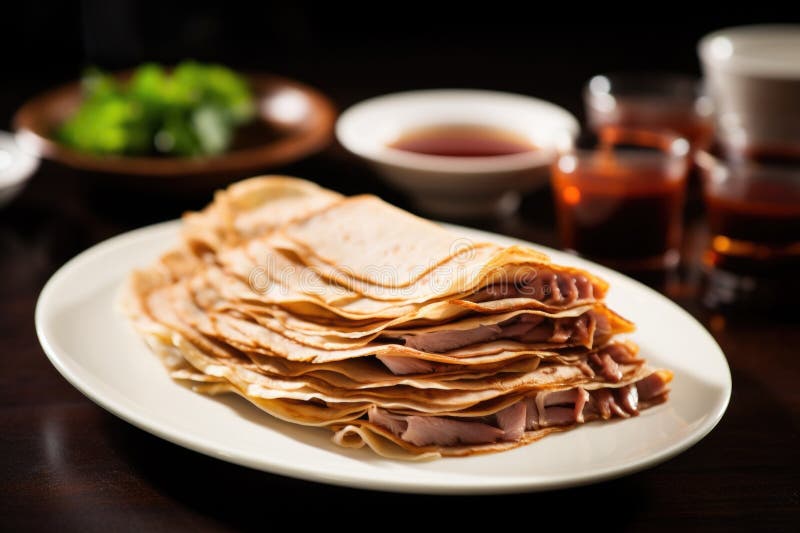 Hand-rolled Peking Duck Pancakes on Plates Stock Photo - Image of ...